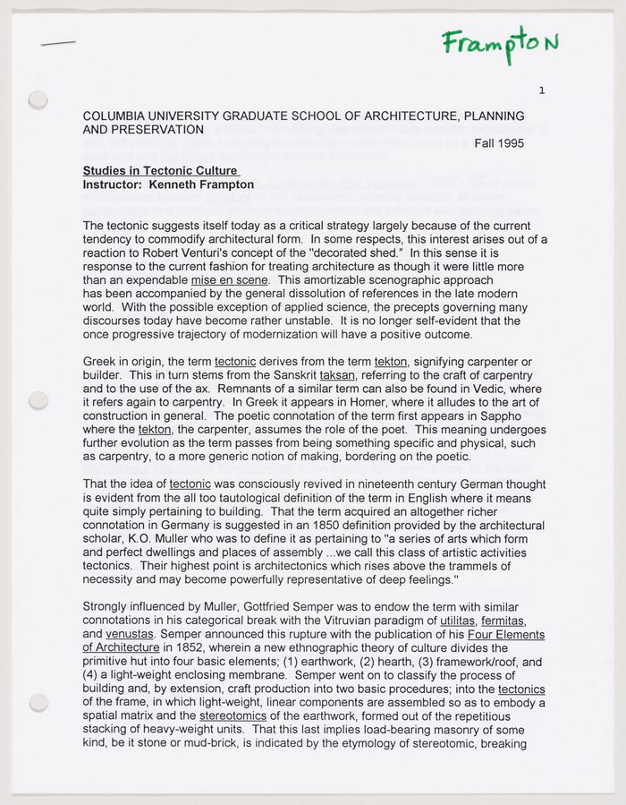 Studies in tectonic culture (1984-2018) - Kenneth Frampton fonds | CCA
