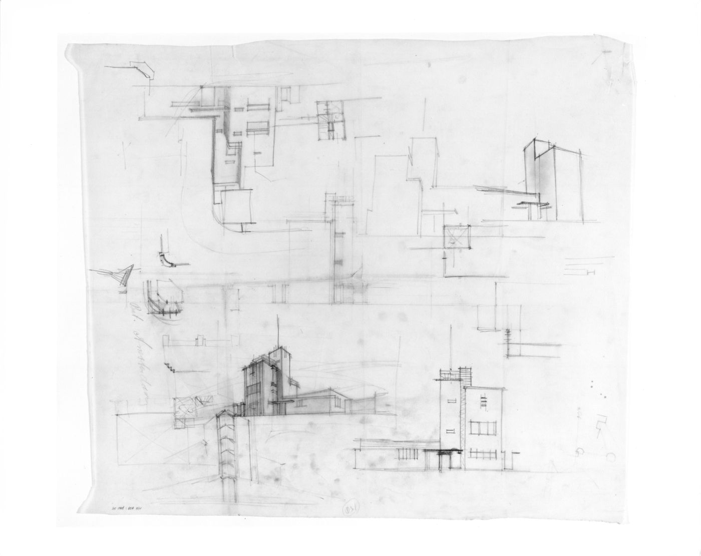 Sketch perspective and sketch elevation for an administration building ...