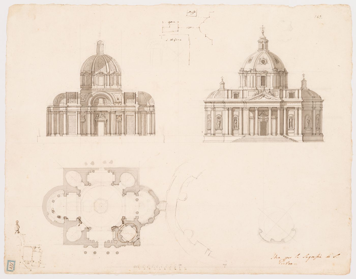 Plan, section, and elevation for the sacristy of Saint Peter's, Rome