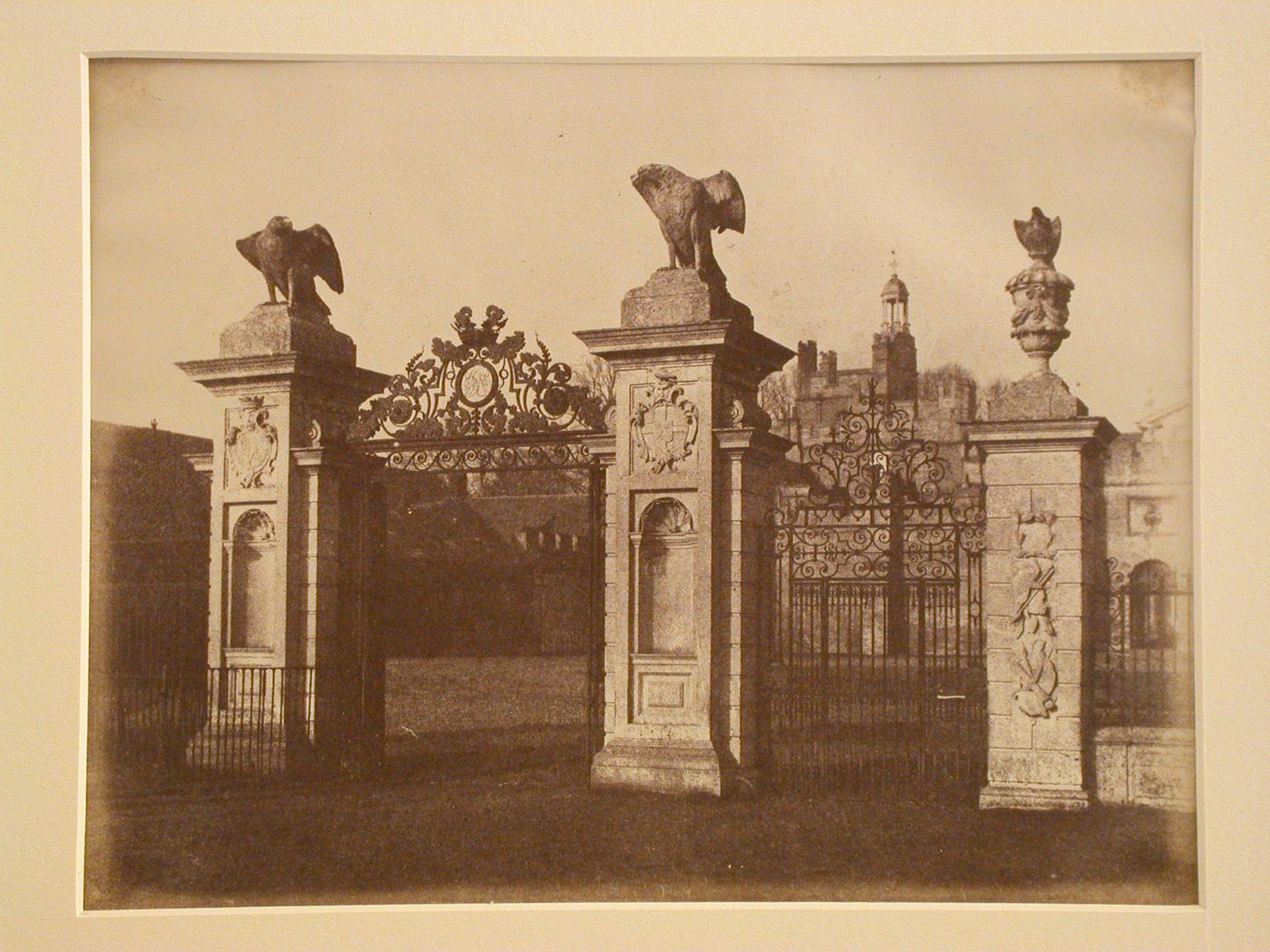 View of entrance gates to Drayton House, Northamptonshire, England