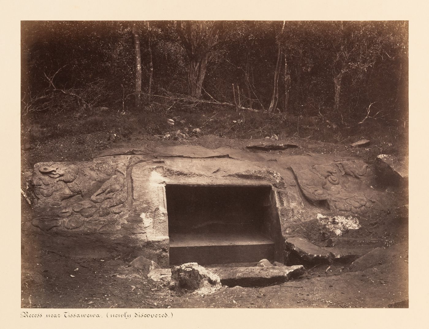 View of an entrance to a cave with reliefs of elephants, near Tissa ...