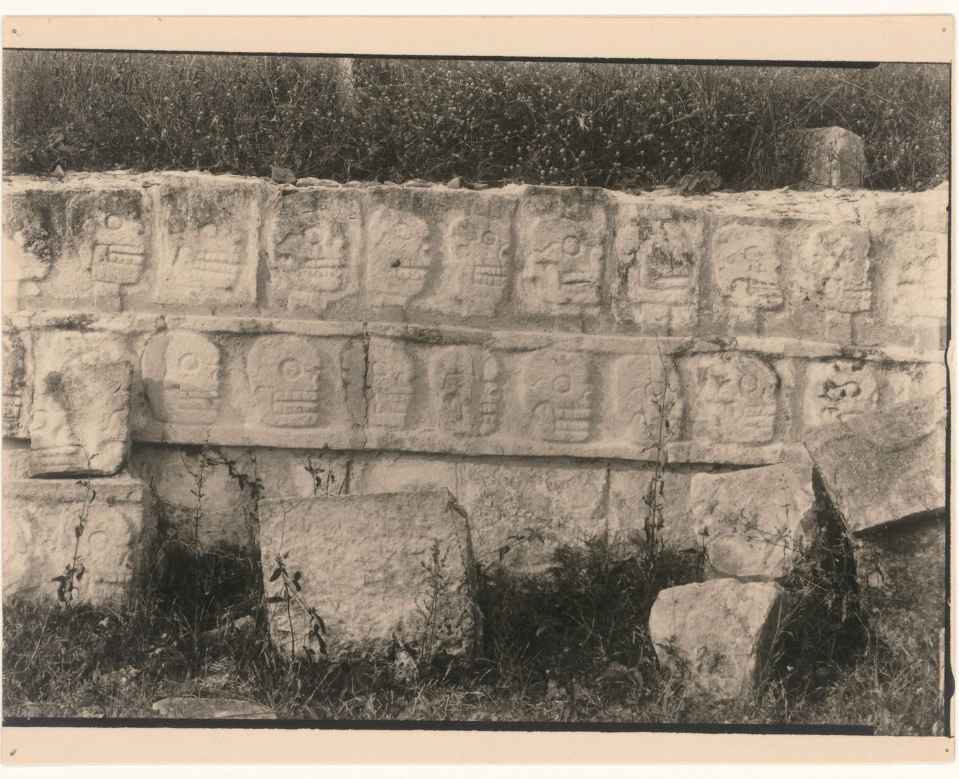 Close-up view of a parapet in the Tzompantli [skull rack] showing ...