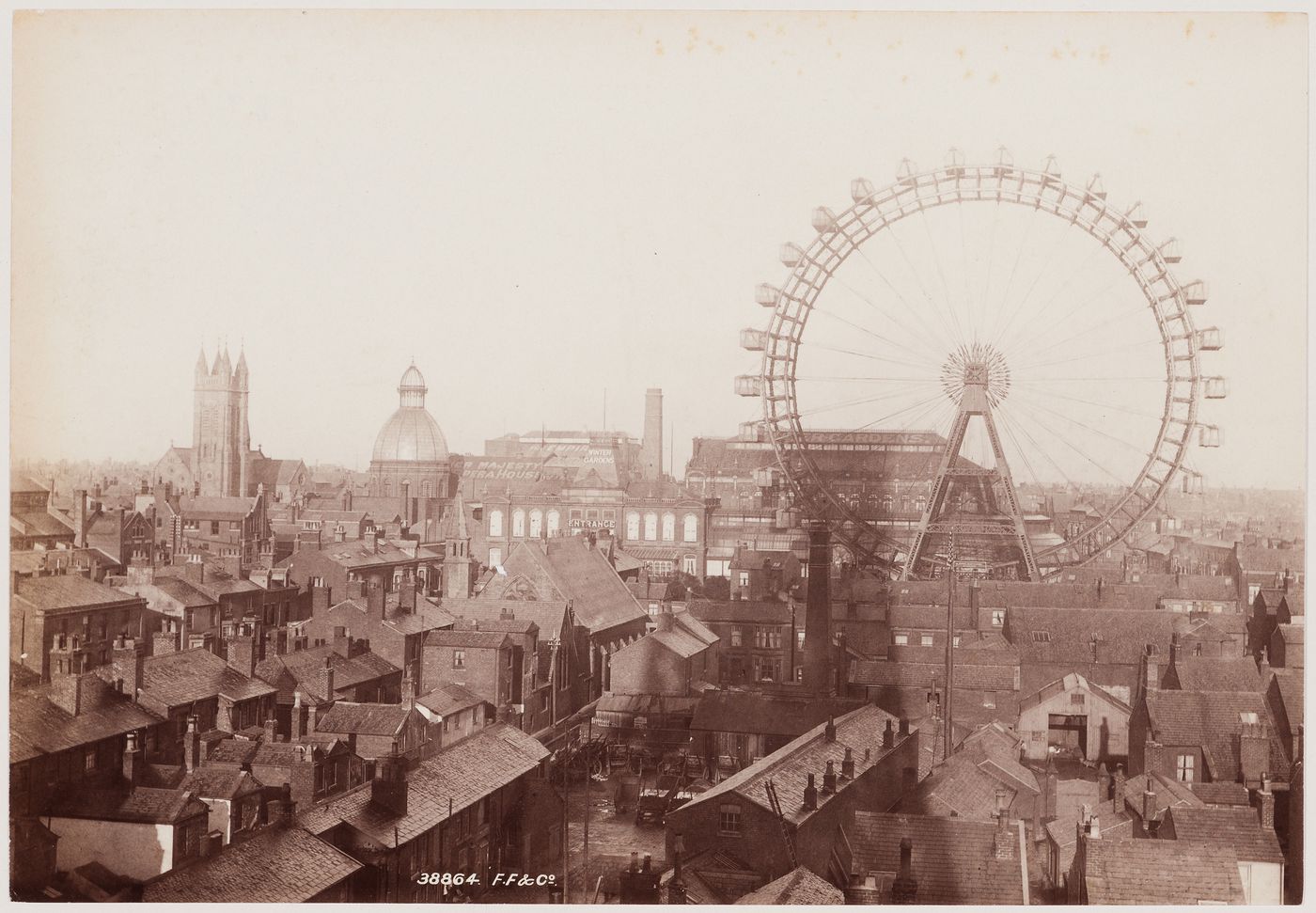 Overview of city and large Ferris Wheel, Blackpool, England