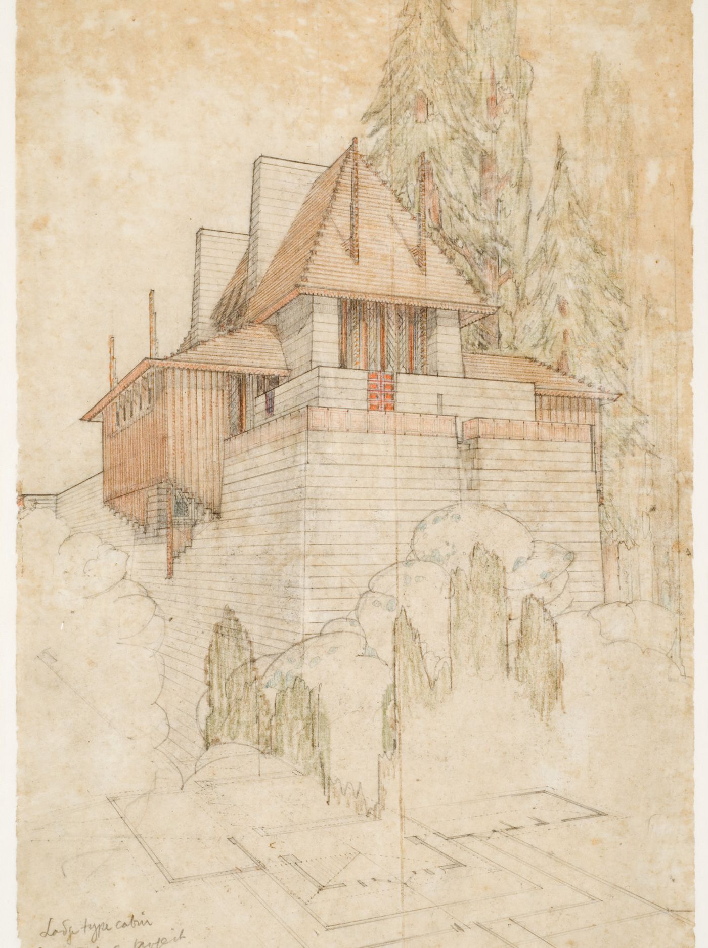 Lake Tahoe Summer Colony, California, Lodge Type Cabin. Perspective and ...